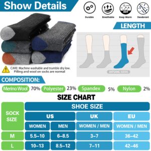 ANTSANG Merino Wool Socks for Men & Women Thermal Winter Hiking Warm Thick Athletic Crew Cozy Boot Work Gift Socks Stocking Stuffers 5 Pairs (Orange/Green/Blue/Black/Dark Grey A,L)