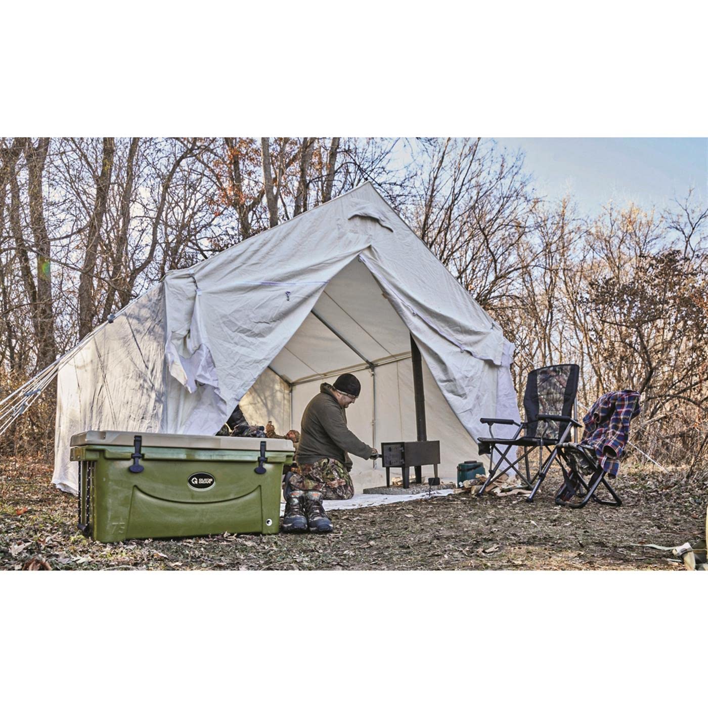 Guide Gear 10x12' Canvas Wall Tent and Frame for Hunting, Outdoor Camping, 4 Season All Weather Tents with Stove Jack Opening