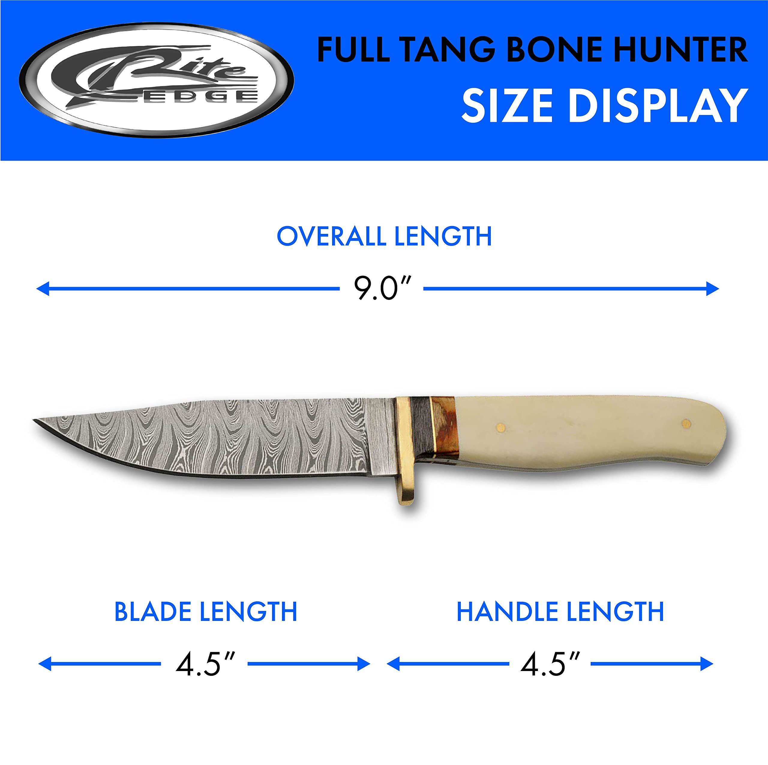 SZCO Supplies 9” Bone Handle Full tang Damascus Steel Outdoor Hunting Knife With Sheath,White