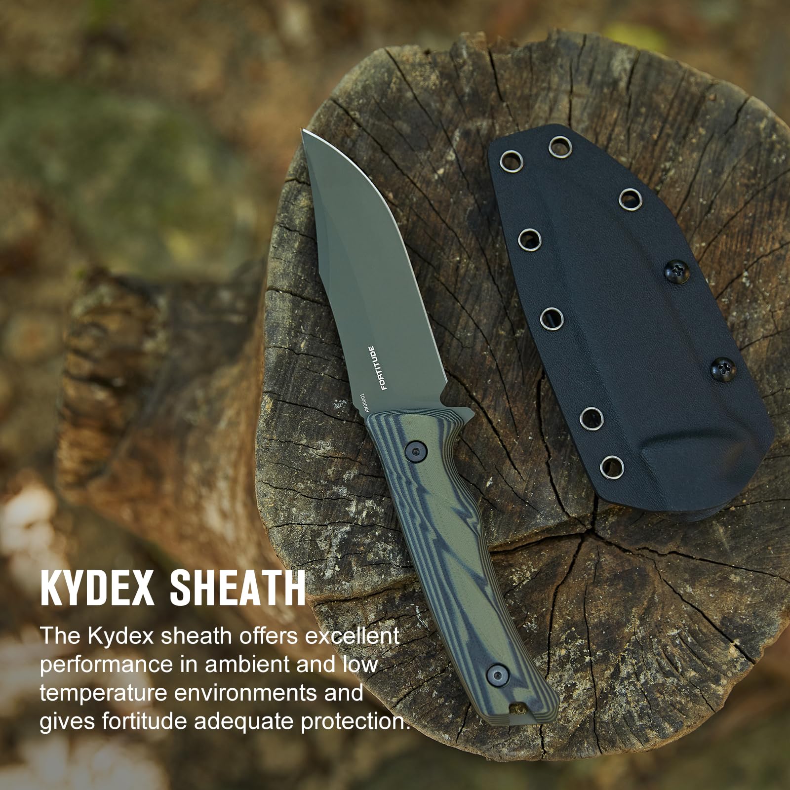 OKNIFE Fortitude Full Tang Knife with Kydex Sheath, 4.72" Clip Point Blade Knife with D2 steel Cerakote Coating Blade and G10 Handle