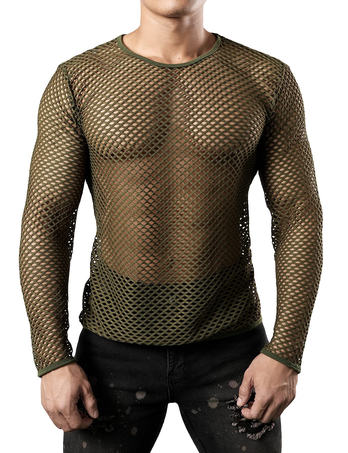 JOGAL Men's Mesh Fishnet Fitted Long Sleeve Muscle Top Small WG04 ArmyGreen