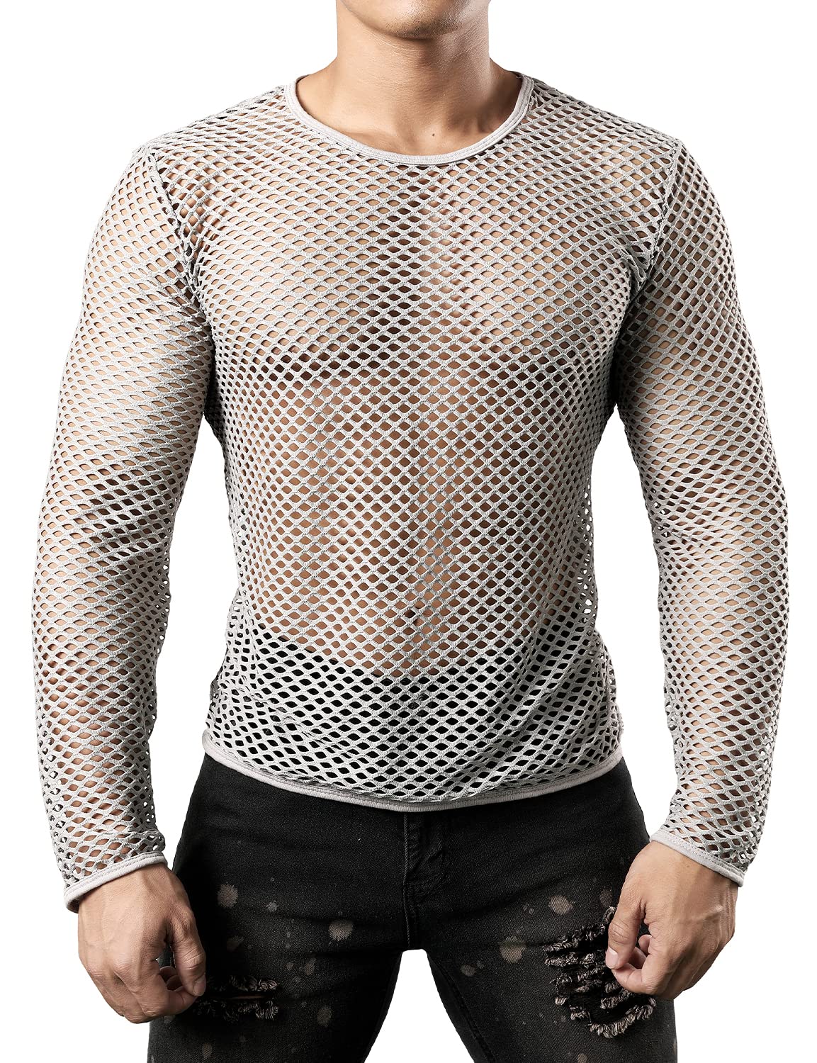 JOGAL Men's Mesh Fishnet Fitted Long Sleeve Muscle Top X-Large WG04 Grey