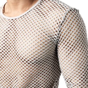 JOGAL Men's Mesh Fishnet Fitted Long Sleeve Muscle Top X-Large WG04 Grey