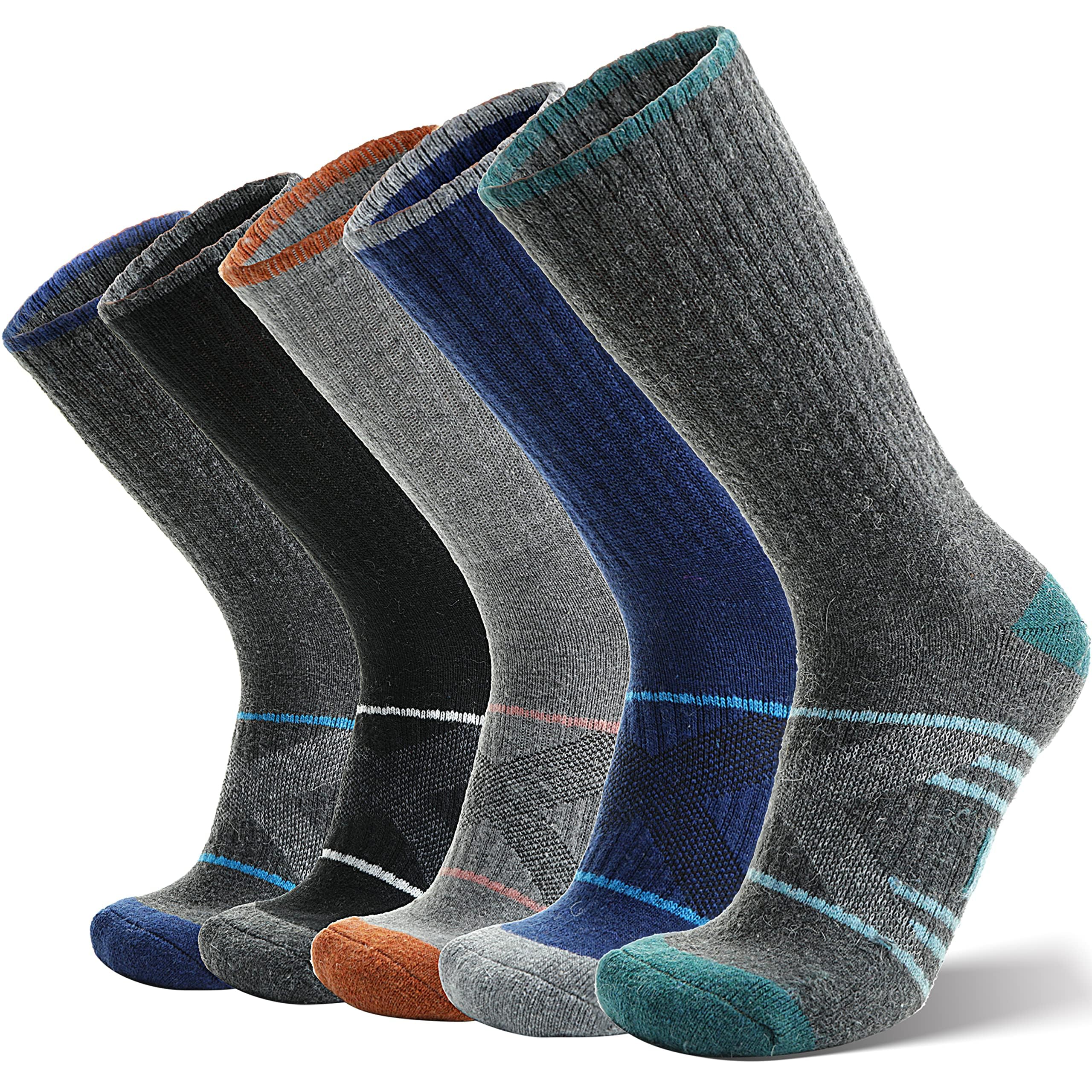 ANTSANG Merino Wool Socks for Men & Women Thermal Winter Hiking Warm Thick Athletic Crew Cozy Boot Work Gift Socks Stocking Stuffers 5 Pairs (Orange/Green/Blue/Black/Dark Grey A,L)