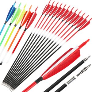 ameyxgs 12pcs archery 30inch carbon arrow target practice hunting arrow spine 500 with 5inch shield turkey feather removable tips for traditional recurve compound bow longbow (red1, 12)