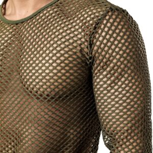 JOGAL Men's Mesh Fishnet Fitted Long Sleeve Muscle Top Small WG04 ArmyGreen