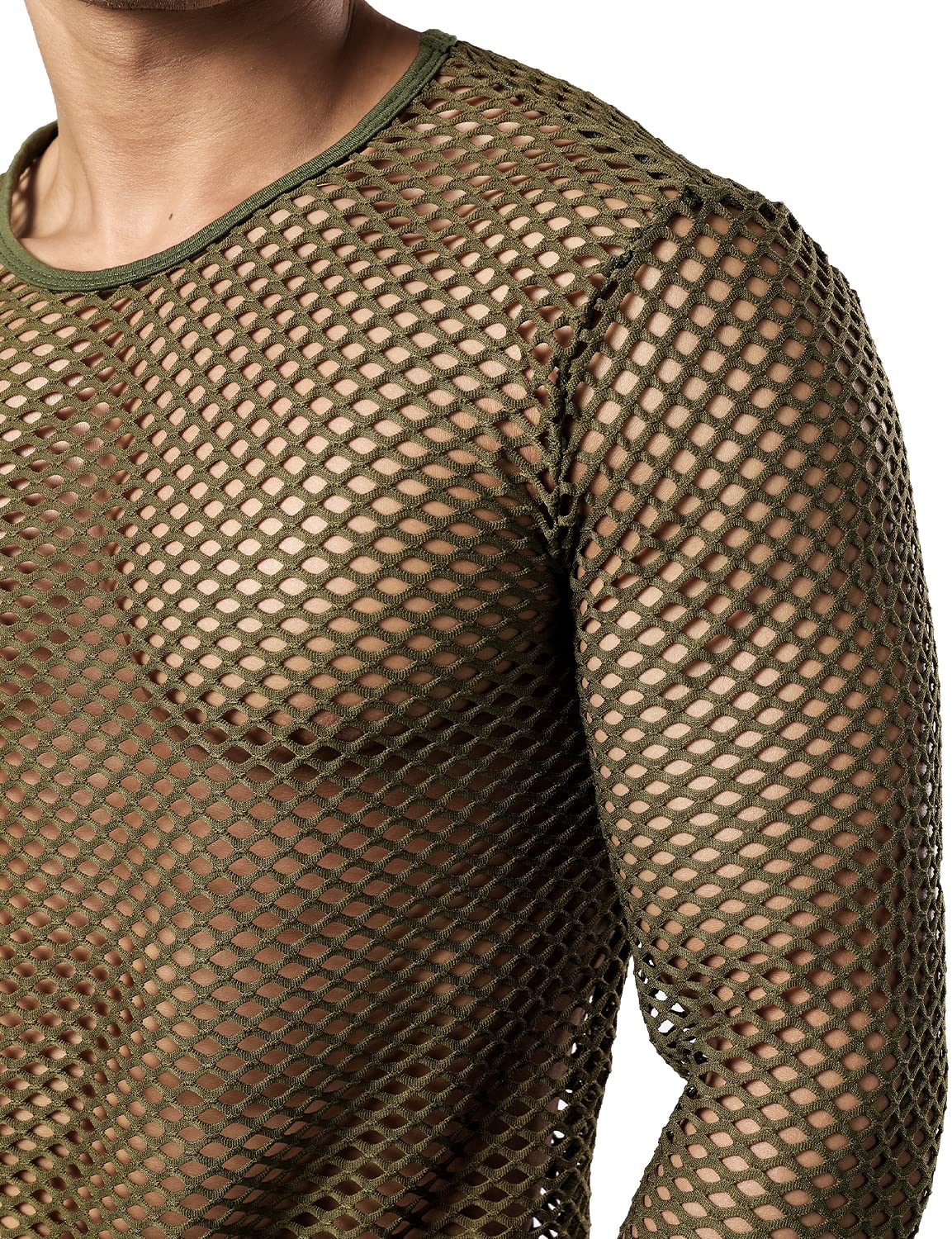 JOGAL Men's Mesh Fishnet Fitted Long Sleeve Muscle Top Small WG04 ArmyGreen