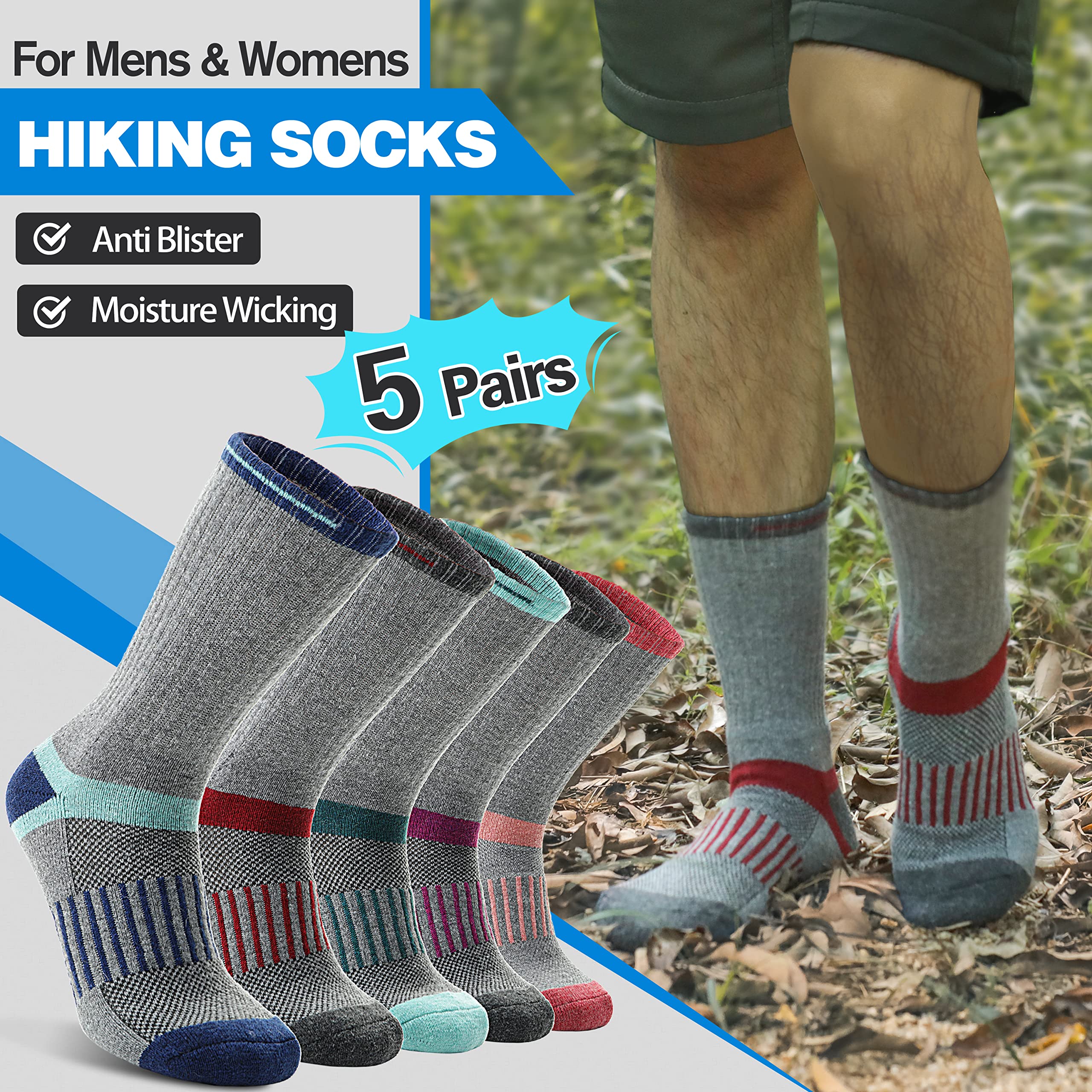 Merino Wool Hiking Socks for Women Men Warm Thermal Winter Cozy Boot Work Crew Socks Gifts Stocking Stuffers 5 Pairs (Light Stripes B,L)