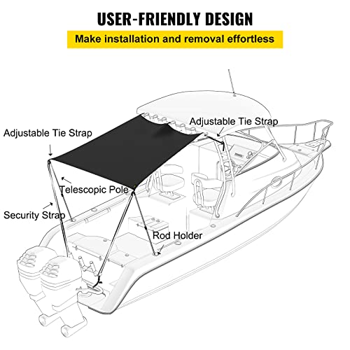 VEVOR T-Top Sun Shade Kit 6' x 5', UV-Proof 600D Polyester T-top Extension Kit with Rustproof Steel Telescopic Poles, Waterproof T-Top Shade Kit, Easy to Assemble for T-Tops ＆ Bimini Top