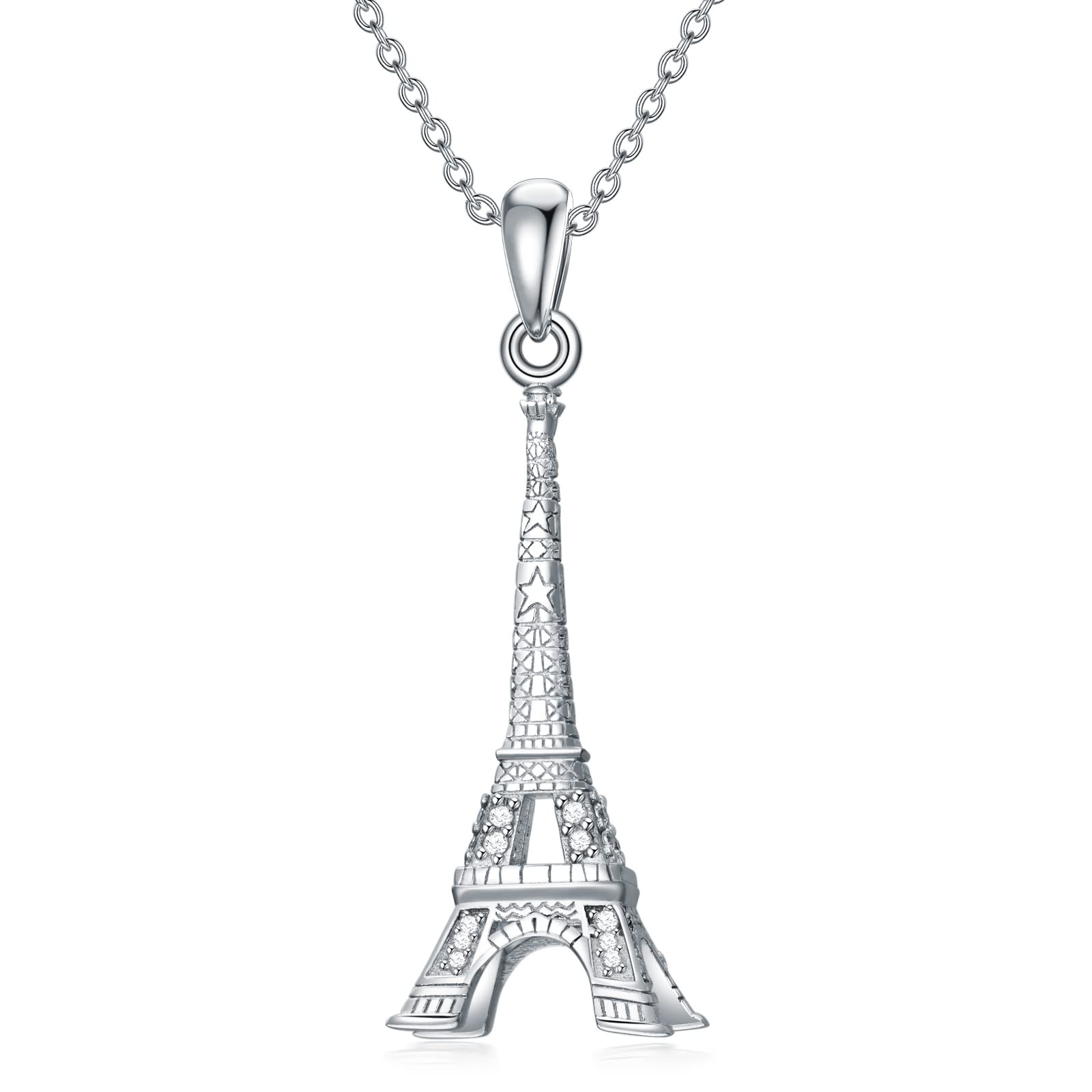 Dorunmo Paris Necklace 925 Sterling Silver Eiffel Tower Necklace Dainty Paris White Plated Pendant Memorial France Paris Charm Jewelry Christmas 3D Eiffel Tower Gifts for Women Sport Lover