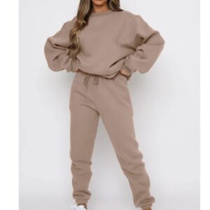 Alunzoem Tracksuit for Women Set Sweat Suit 2 Piece Pullover Solid Sweatshirt Long Pants Outfits Lounge Set Khaki M