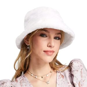 Wheebo Winter Fluffy Bucket Hat for Women's Faux Fur Fishman Cap Warm Fuzzy Bucket Hats (White)