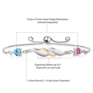 Gem Stone King 925 Sterling Silver and 10K Yellow Gold Customized and Personalized 2 Stone 5MM Heart Shape Gemstone Birthstone and White Lab Grown Diamond Name Engraved Tennis Bracelet For Women