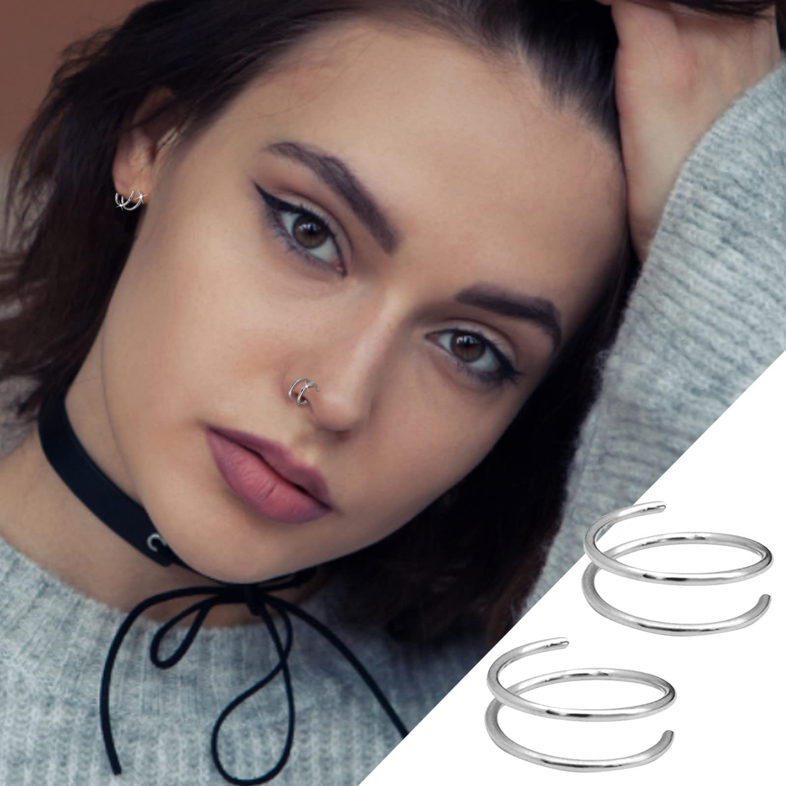 Hoop Nose Ring 18g Nose Hoop Hoop Ring Ring for Women Nostril Nose Spiral for Piercing Double Piercing Nose Hoop for Girls Hoop Nose Jewelry Nose Jewelry (Silver, One Size)