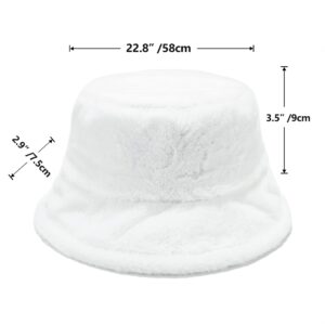 Wheebo Winter Fluffy Bucket Hat for Women's Faux Fur Fishman Cap Warm Fuzzy Bucket Hats (White)