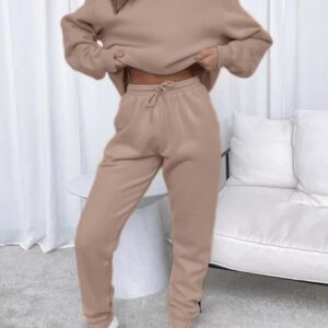 Alunzoem Tracksuit for Women Set Sweat Suit 2 Piece Pullover Solid Sweatshirt Long Pants Outfits Lounge Set Khaki M