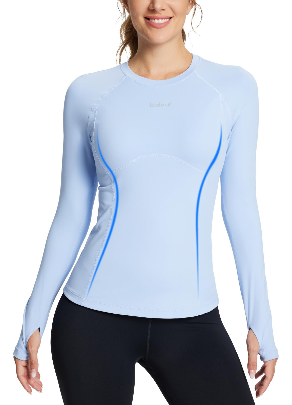 BALEAF Women's Long Sleeve Workout Tops Compression Running Shirts Fitted Athletic Warm Thumbholes Quick Dry Stretch Yoga Blue L