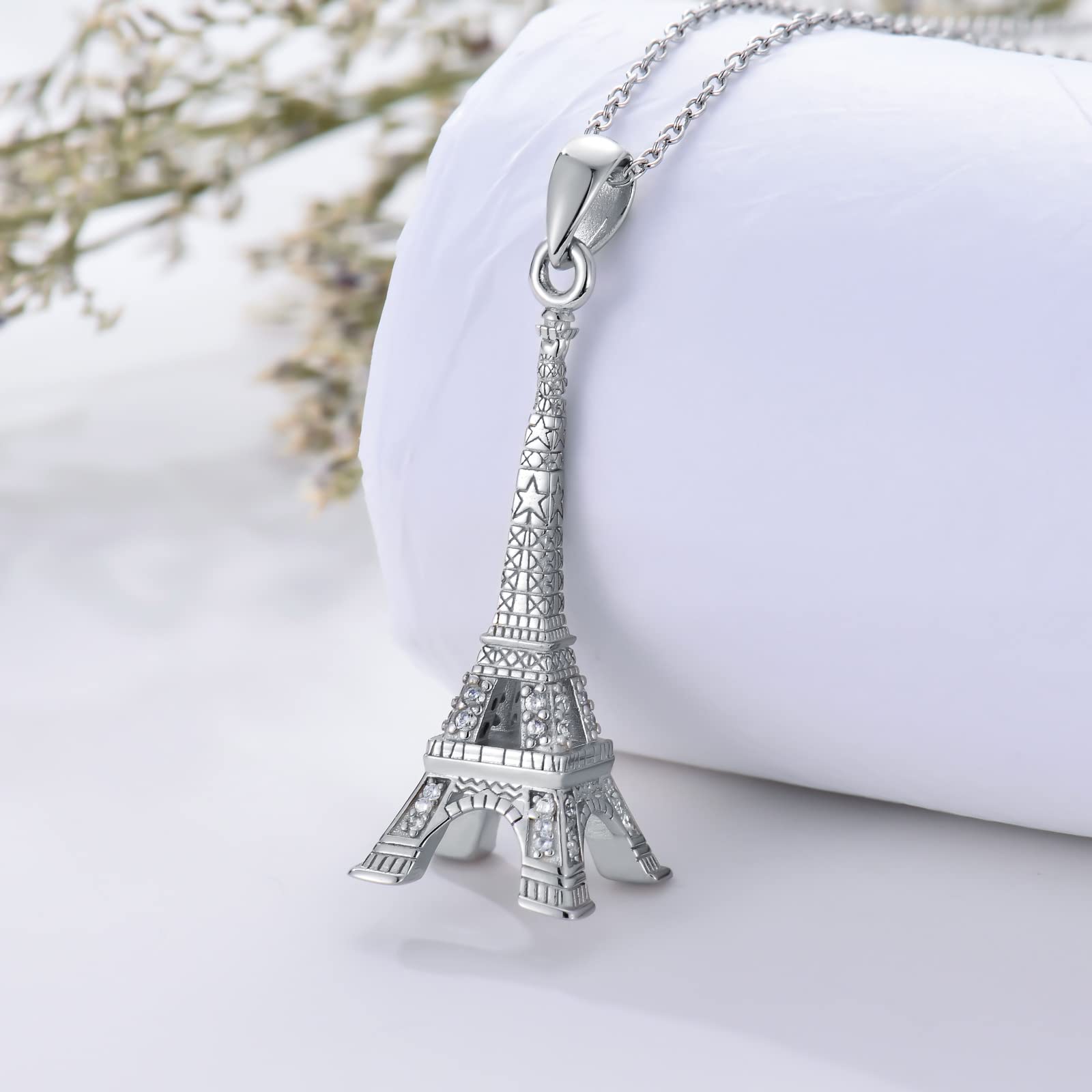 Dorunmo Paris Necklace 925 Sterling Silver Eiffel Tower Necklace Dainty Paris White Plated Pendant Memorial France Paris Charm Jewelry Christmas 3D Eiffel Tower Gifts for Women Sport Lover