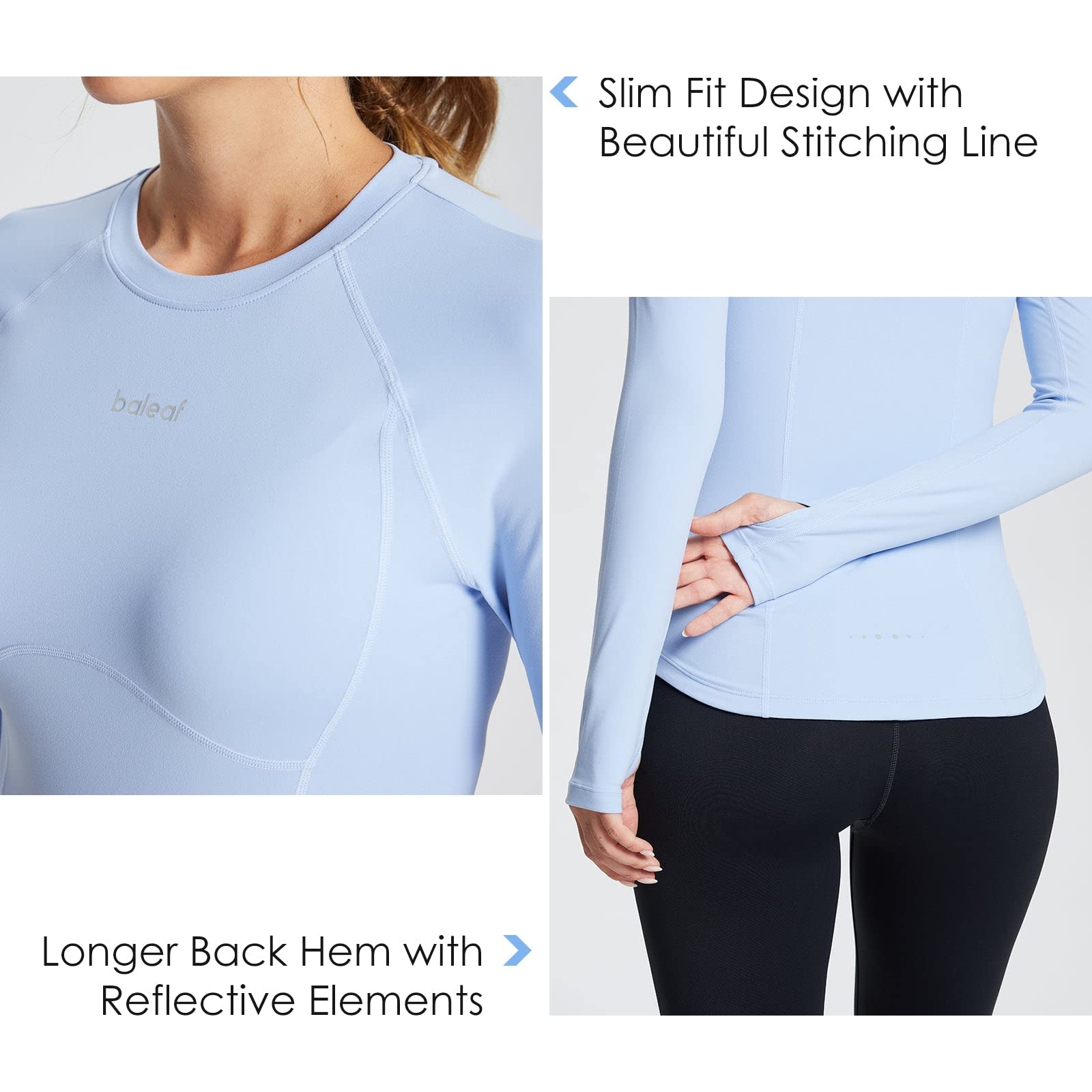 BALEAF Women's Long Sleeve Workout Tops Compression Running Shirts Fitted Athletic Warm Thumbholes Quick Dry Stretch Yoga Blue L