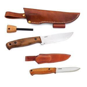 bps knives bushcraft knives set - adventurer + bs1fts - fixed-blade carbon steel knives with leather sheaths and firestarter - full-tang fixed-blade knife - camping knives