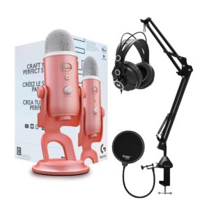 blue microphones yeti usb microphone aurora collection (pink dawn) bundle with boom arm microphone stand, studio monitor headphones, and pop filter (4 items)