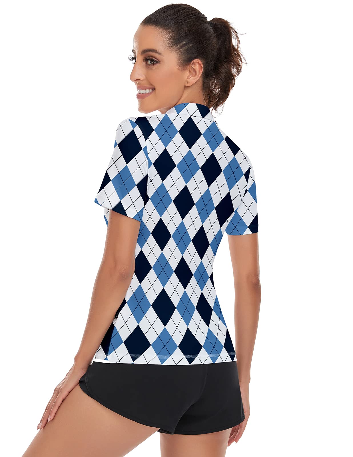 Women Argyle V-Neck Golf Polo Shirt Quick Dry Lightweight Short Sleeve T-Shirts, Medium