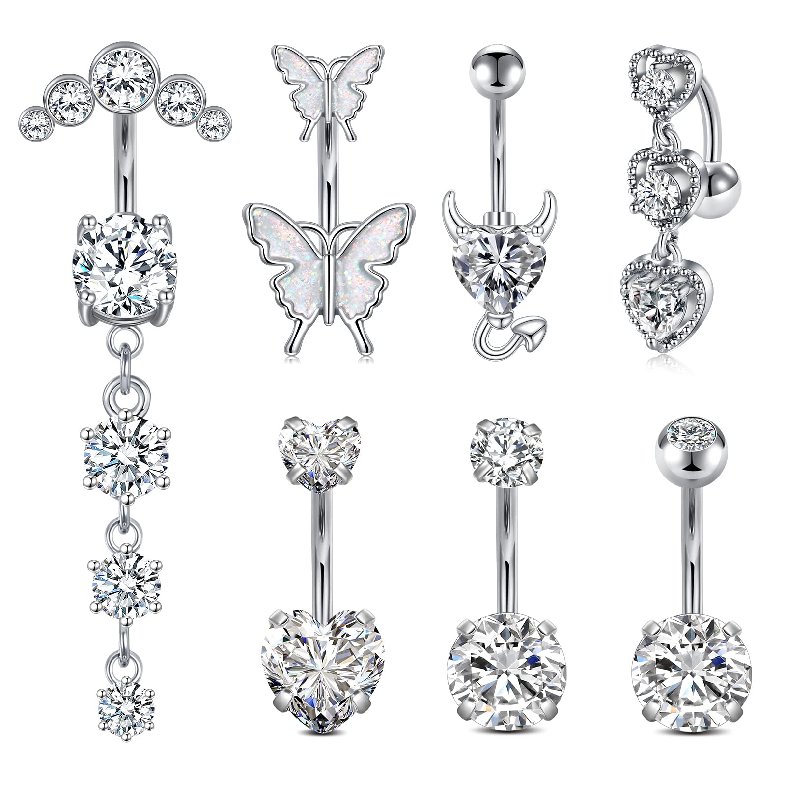 Anicina Belly Button Ring 14G Clear Diamond CZ Belly Rings Surgical Stainless Steel Navel Rings Butterfly Heart Devil Belly Button Piercing Jewelry for Women Silver