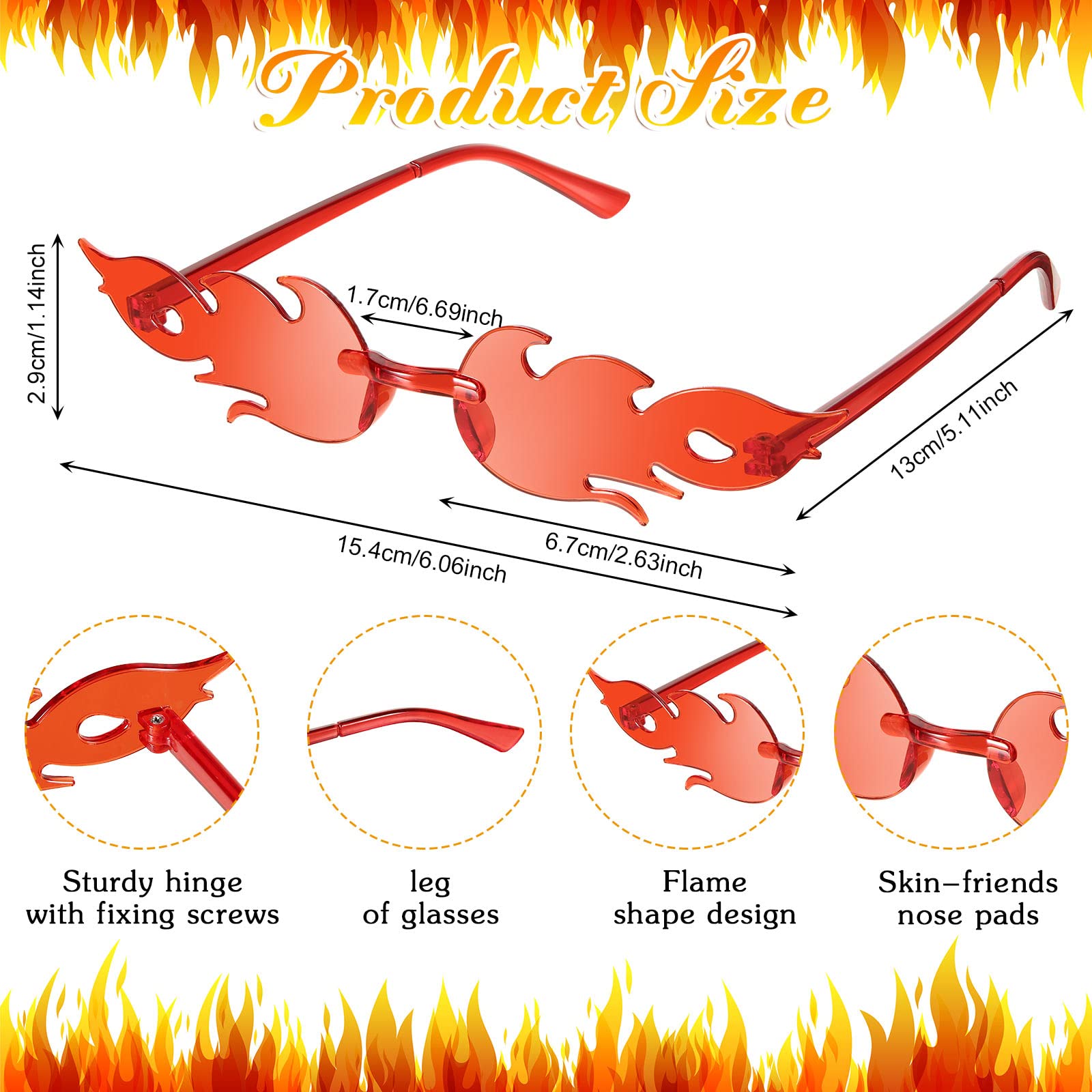 EBOOT 4 Pairs Fire Flame Glasses Rimless Flame Fire Sunglasses for Mardi Gras St.patrick's Day Women Men Cosplay (Red)