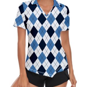 Women Argyle V-Neck Golf Polo Shirt Quick Dry Lightweight Short Sleeve T-Shirts, Medium