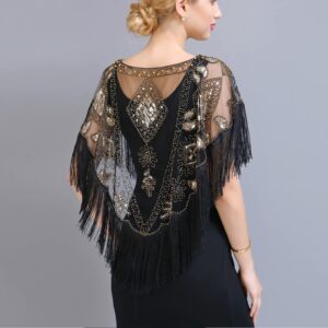 vimate 1920 Shawl Wraps for Evening Dresses, Flapper Retro Fringe Shawl for Women Gatsby （Style 1-Black & Gold