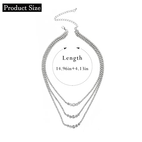 Sixexey Layered Rhinestone Necklaces Silver Crystal Necklace Chains Sparkly Party Necklace Jewelry for Women (3-layer)