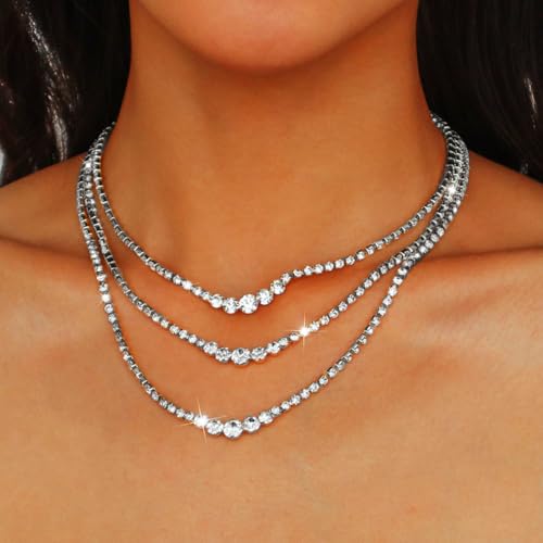 Sixexey Layered Rhinestone Necklaces Silver Crystal Necklace Chains Sparkly Party Necklace Jewelry for Women (3-layer)