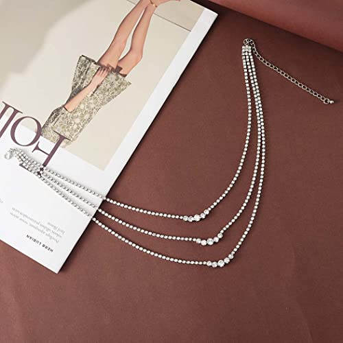 Sixexey Layered Rhinestone Necklaces Silver Crystal Necklace Chains Sparkly Party Necklace Jewelry for Women (3-layer)