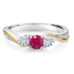 Gem Stone King 925 Silver and 10K Yellow Gold Red Ruby White Moissanite and White Lab Grown Diamond 3 Stone Engagement Ring For Women (0.58 Cttw, July Birthstone, Available In Size 5, 6, 7, 8, 9)