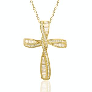 925 sterling silver necklace for women, fancy baguette cubic zirconia twist cross pendant, 14k yellow gold plated, sterling silver yellow gold, cubic zirconia