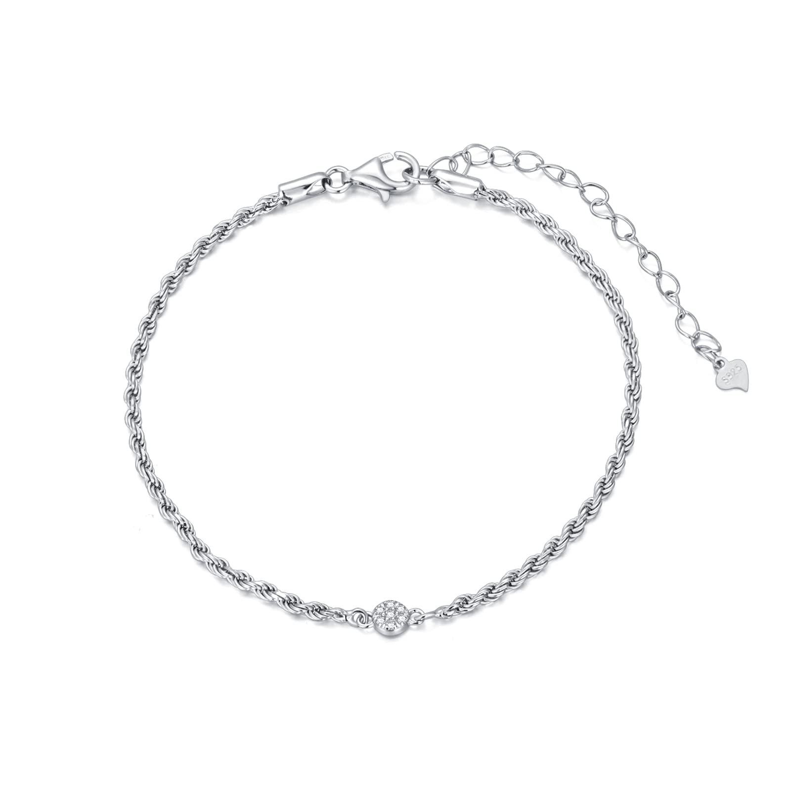 CTIEIP Sterling Silver 0.10 Cttw Real Diamond Bracelet,Rope Chain Station Bracelet for Women（I2-I3 Clarity）