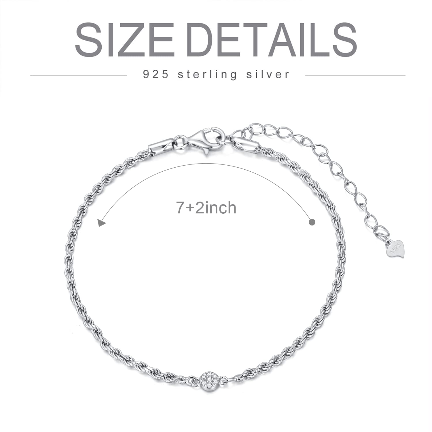 CTIEIP Sterling Silver 0.10 Cttw Real Diamond Bracelet,Rope Chain Station Bracelet for Women（I2-I3 Clarity）