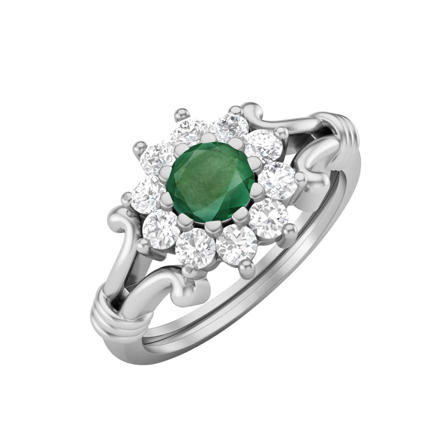 MOONEYE 14K White Gold Plated 925 Sterling Silver 4.5MM Round Shape Emerald Gemstone Cluster Engagement Ring (Silver, 5)