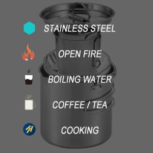 DZRZVD Camping Coffee Kettle and Mugs Set - Stainless Steel Pot with Collapsible Handle and Lid - Boiling Water with Open Fire for Hiking Backpacking Picnic Outdoor - 1.2 L