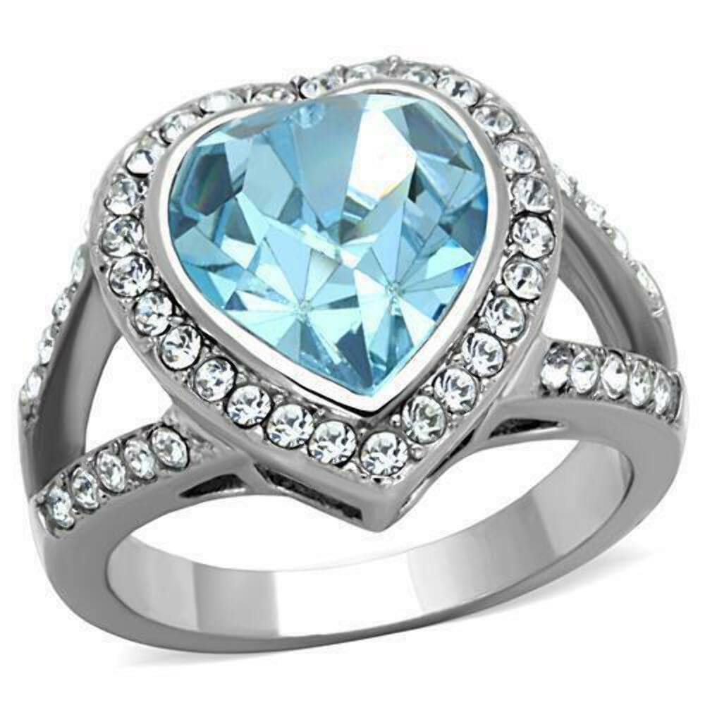 Women's Stainless Steel Baby Blue Aqua Aquamarine Topaz cz Halo Heart Bold Ring 7