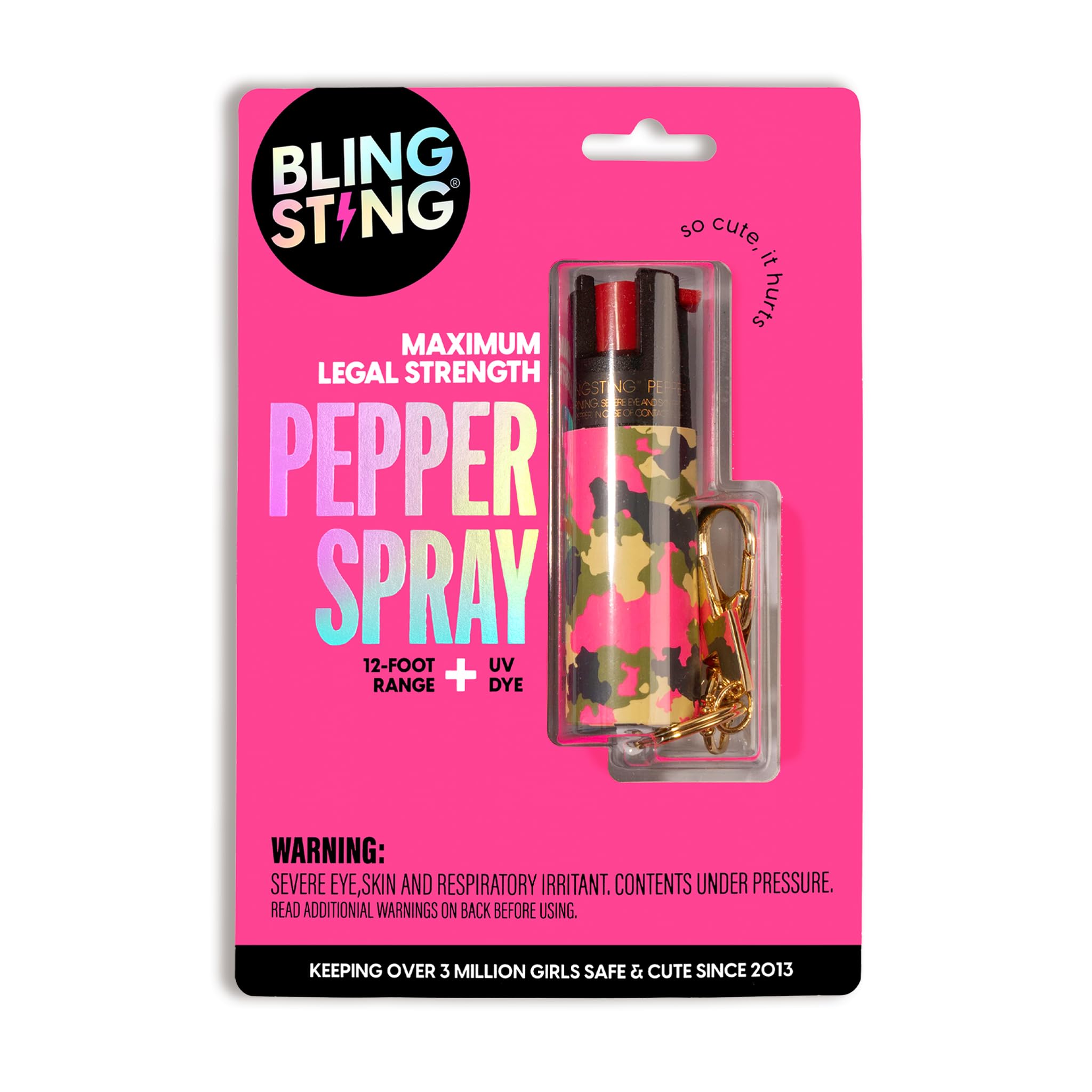 BLINGSTING Pepper Spray Maximum OC Strength Self Defense Spray for Women, 12 ft Spray Range & UV Dye - Pink Camo