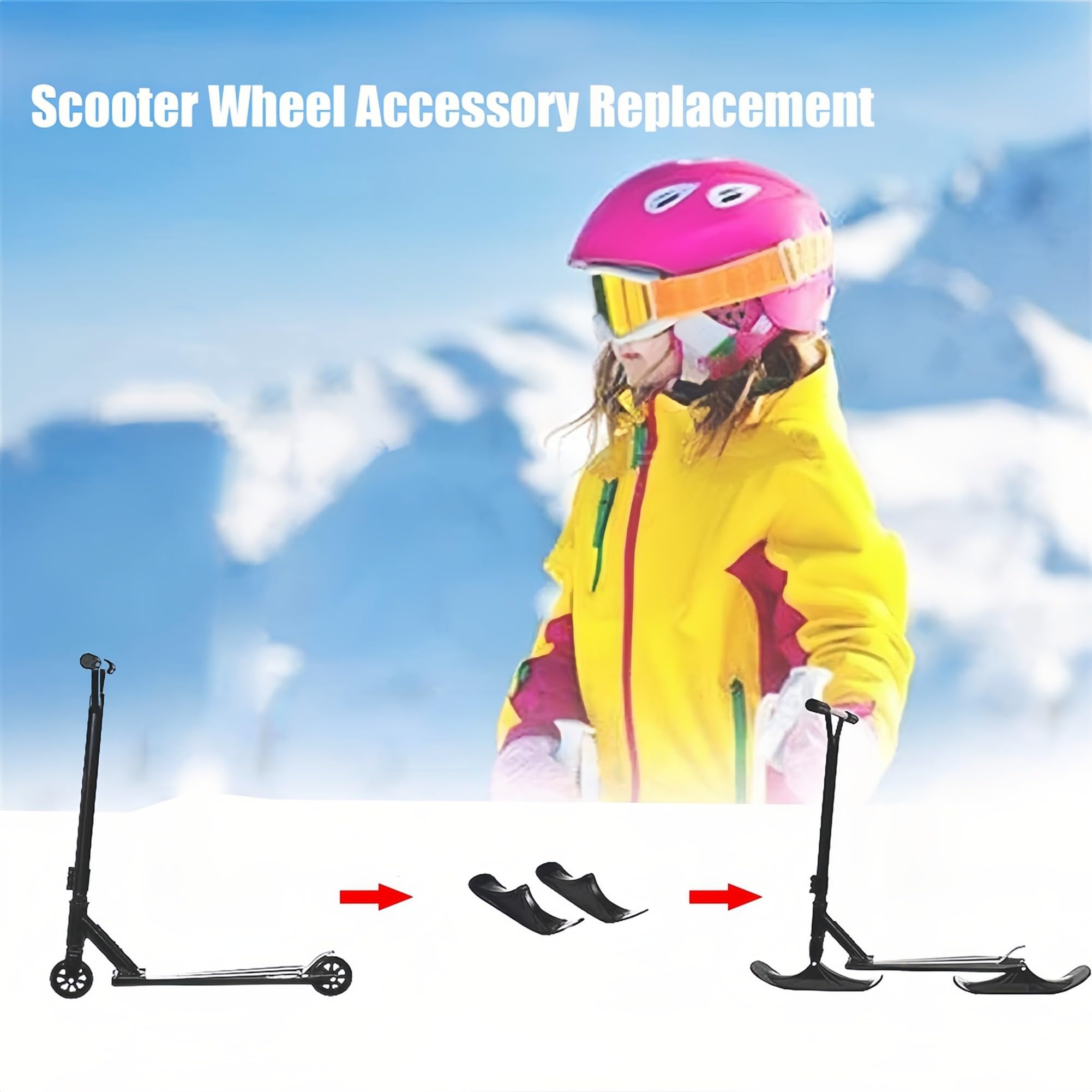 2Pcs/1 Set Snow Scooter Ski Sled, Snow Sled Ski Scooter Conversion Kit, Snow Sled Ski Scooter Kit, Fold Skate Board Outdoor Snow Scooter Sled Ski Attachment for Kids Ski Skate Board Sled Accessories