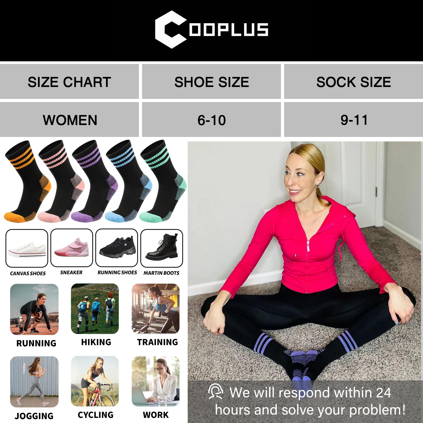 COOPLUS Womens Athletic Crew Socks 5 Pairs Outdoor Recreation Socks Performance Wicking Cushion Mid-Calf Socks