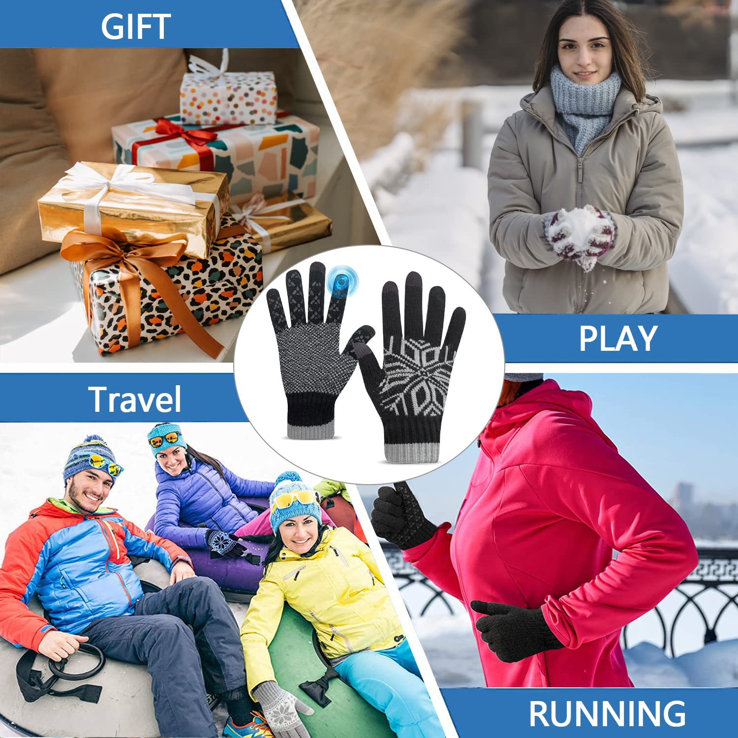 Long Keeper Winter Touchscreen Gloves for Women Men Anti-Slip Touch Screen Knit Warm Thicken Gloves (Black)