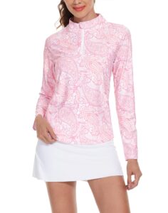 m moteepi womens golf shirt long sleeve quarter zip pullover athletic collared sun shirts with pockets quick dry crystal pink medium