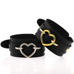 FM FM42 Punk Gothic Red PU Simulated Leather Silver-tone Heart Ring 4cm(1.57") Wide Bracelet, Pack of 2