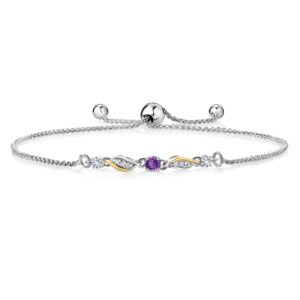 925 sterling silver and 10k yellow gold purple amethyst white created sapphire and white lab grown diamond tennis bracelet for women (0.30 cttw, february birthstone, fully adjustable up to 9 inch)