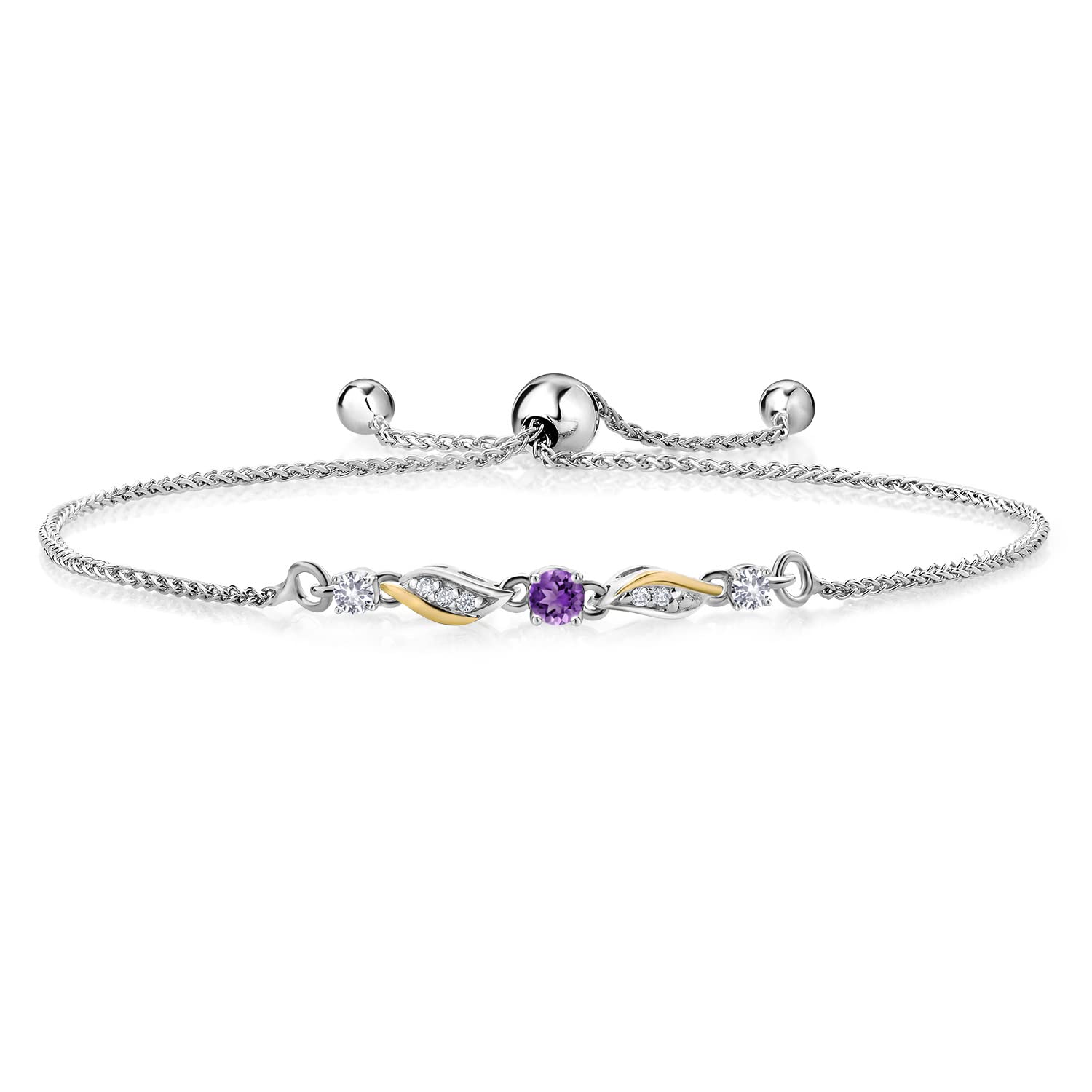 925 Sterling Silver and 10k Yellow Gold Purple Amethyst White Created Sapphire and White Lab Grown Diamond Tennis Bracelet For Women (0.30 Cttw, February Birthstone, Fully Adjustable Up to 9 Inch)