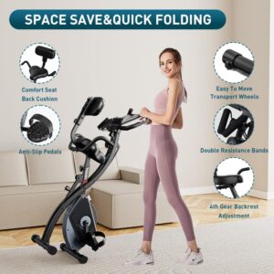 MAIBO Foldable Exercise Bike, Stationary Bikes for Home for Seniors, Exercise Equipment Full Body Workout Machines with Arm Resistance Band, Comfort Back Support Cushion & 4th gear Backrest Adjustments, Heart-Rate Monitor LCD Monitor