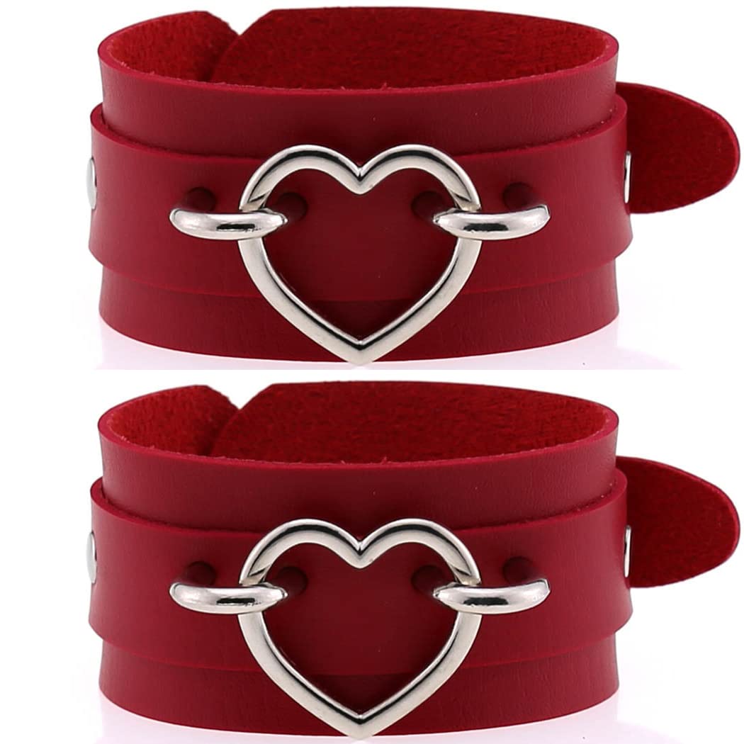 FM FM42 Punk Gothic Red PU Simulated Leather Silver-tone Heart Ring 4cm(1.57") Wide Bracelet, Pack of 2